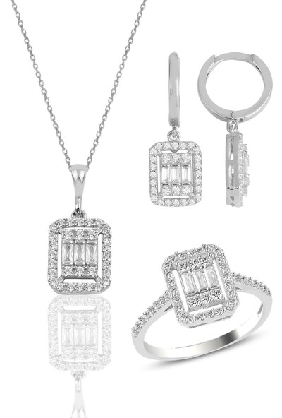 Söğütlü Silver Gümüş Beyaz Altın Rodyumlu Baget Taşlı Çizgili Üçlü Set Söğütlü Silver Gümüş Beyaz Altın Rodyumlu Baget Taşlı Çizgili Üçlü Set