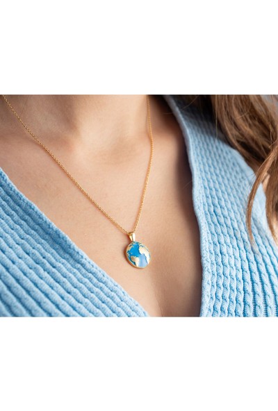 14 Ayar Altın Kaplama Mineli Dünya Kolye