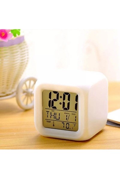 Deco Elit Dijital Küp Alarmlı Çalar Masa Saati Renk Değiştiren Ledli Takvim ve Termometreli Saat