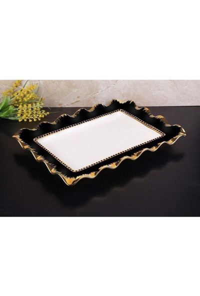 Roy King Roykıng Porselen Siyah -Gold Dikdörtgen Porselen Servis Tabağı