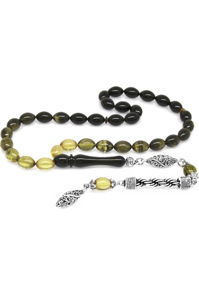 Tesbihane Kararmaz Metal Halat Püsküllü Arpa Kesim Süzme Beyaz-Siyah Ateş Kehribar Tesbih