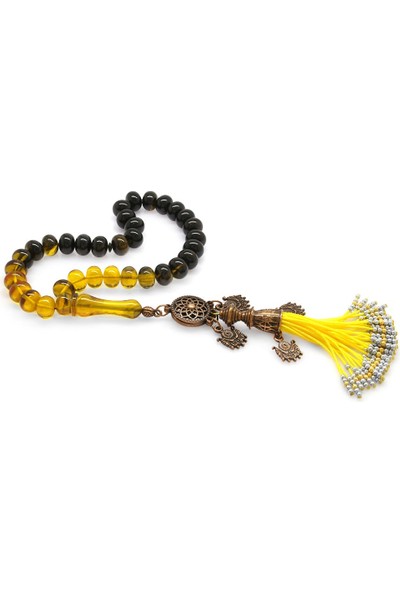 Tesbihane Antik Bakır Osmanlı Saray Püsküllü Tekerlek Kesim Süzme Sarı-Siyah Ateş Kehribar Tesbih