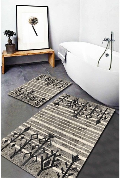 Esta Halı Gri-Krem Etnik Desenli 2'li Halı Takımı (60X100/40X60) - ES1208 Esta Halı Gri-Krem Etnik Desenli 2'li Halı Takımı (60X100/40X60) - ES1208