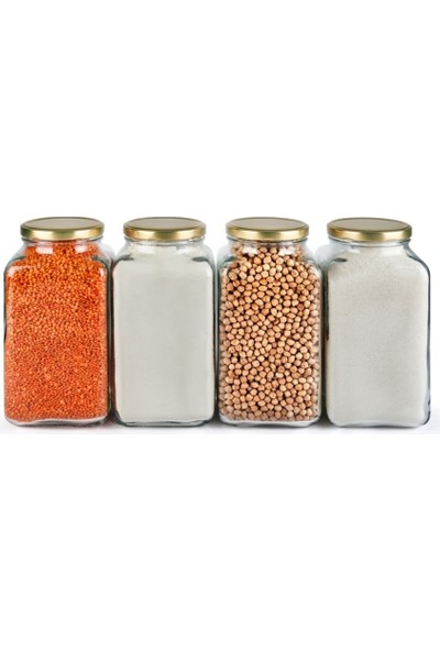 Sarkap 4'lü 3000 cc Köşeli Kapaklı Cam Kavanoz - Gold Kapak