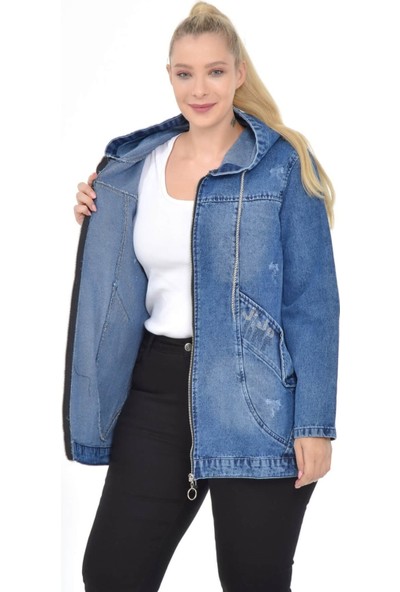 Mia Butik Büyük Beden Kot Mavi Torba Cep Detaylı Kot Çeket