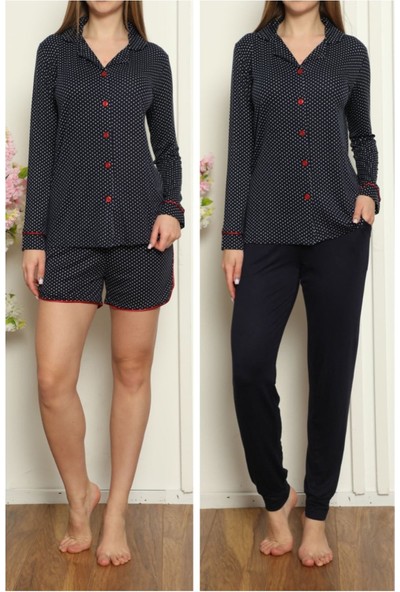 Nicoletta Lacivert Kadın Şortlu ve Uzun Pijama Takımı Uzun Kollu 3'lü Set Likralı