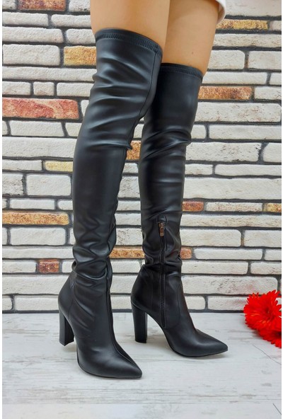 udbyswoman Blood Siyah Cilt Diz Üstü Topuklu Çizme