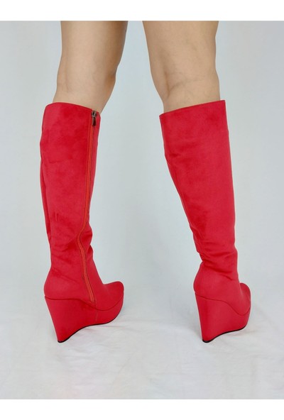 Kelly Kırmızı Süet Dolgu Topuklu Çizme