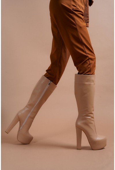 udbyswoman Lily Fermuarlı Nude Cilt Yüksek Topuklu Kadın Çizme