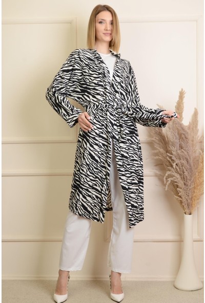 Pınkmark Kadın Siyah Beyaz Zebra Tesettür Kimono PMCK25433