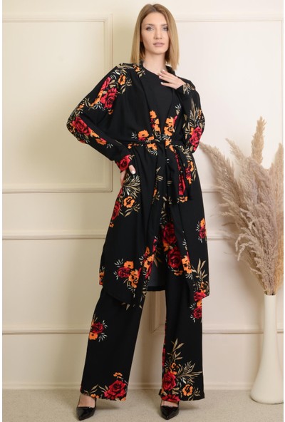 Pınkmark Kadın Siyah Kırmızı Büyük Çiçekli Tesettür Kimono PMCK25435 Pınkmark Kadın Siyah Kırmızı Büyük Çiçekli Tesettür Kimono PMCK25435