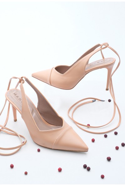 Marjin Kadın Stiletto Bilekten Bağlamalı Arkası Açık Sivri Burun Topuklu Ayakkabı Ribelu