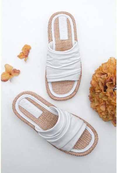 Kadın Hakiki Deri Hasır Kaplama Günlük Terlik Seha