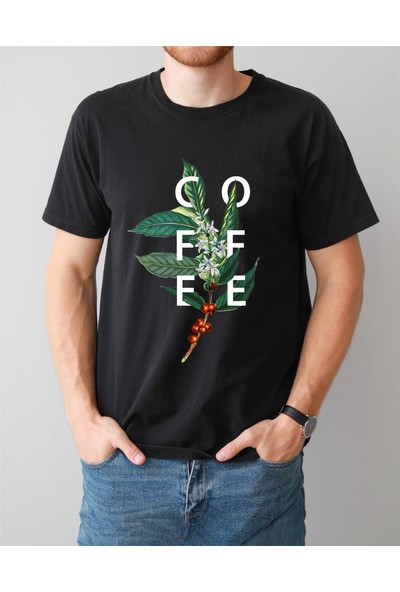 Pretty Caff Unisex Siyah Coffee Baskılı Bisiklet Yaka T-Shirt
