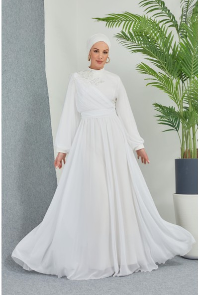 Moda Echer Pilise , Tüy , Güpür Detaylı Tesettür Abiye Elbise 7784