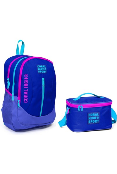 Coral High Sport Lacivert Pembe Okul Sırt Çantası Beslenme Seti - USB Soketli