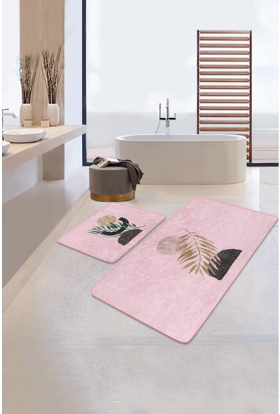 RealHomes Pembe Zemin Bohem Tropik Yaprak Tasarımlı 2'li Kaymaz Tabanlı Banyo & Mutfak Paspas Takımı RealHomes Pembe Zemin Bohem Tropik Yaprak Tasarımlı 2'li Kaymaz Tabanlı Banyo & Mutfak Paspas Takımı
