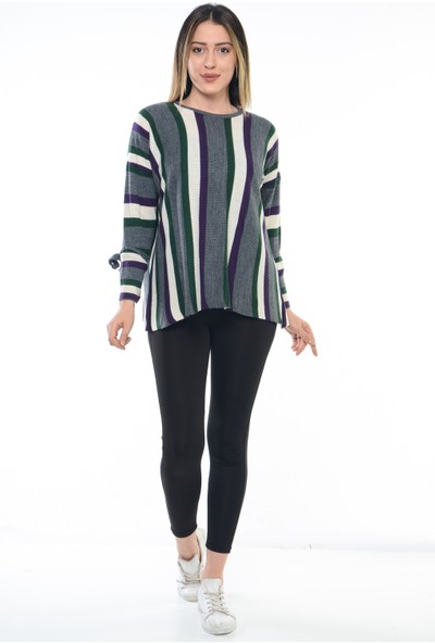 Cnr Triko Kolları Bağcıklı Çizgili Triko Kazak