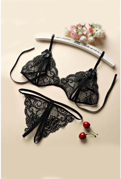 QP Secret Kadın Siyah Sütyen Seksi Tanga Alt Üst Dante Takım