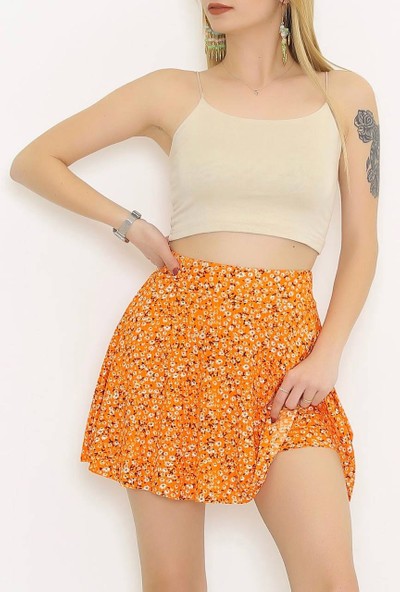 Gri Moda Kadın Çiçek Desenli Şort Mini Etek