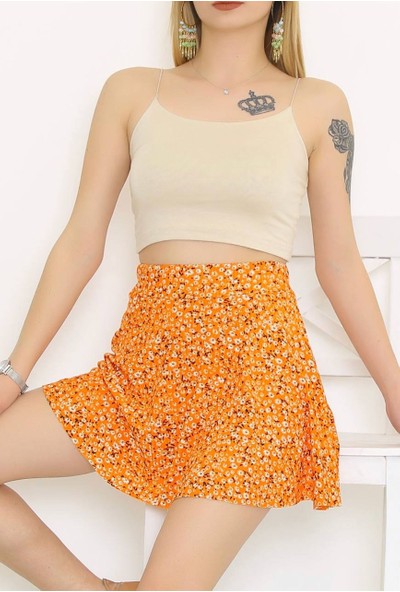 Gri Moda Kadın Çiçek Desenli Şort Mini Etek