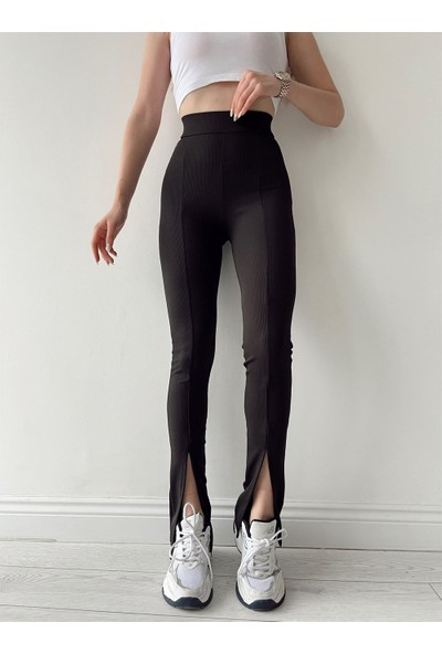 Paça Yırtmaç Fitilli Tayt Pantolon Siyah Paça Yırtmaç Fitilli Tayt Pantolon Siyah