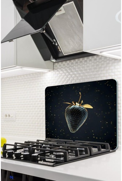 Saban 50X56 cm Altın Çilek Desenli Cam Ocak Arkası Koruyucu