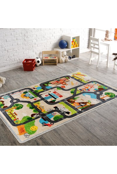 Seroni Trafik Temalı Yüksek Kalite Kaymaz Pamuk Taban Yıkanabilir Antibakteriyel Dijital Baskı Çocuk Halısı