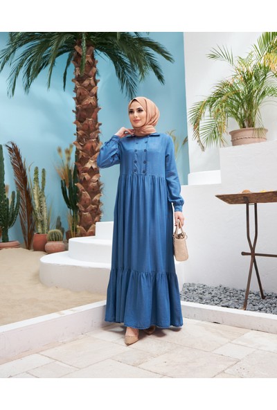 Tensel Koyu Mavi Düğmeli Elbise Neways 6593 Tensel Koyu Mavi Düğmeli Elbise Neways 6593