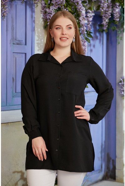 Rmg Yanları Yırtmaç Detaylı Büyük Beden Siyah Gömlek