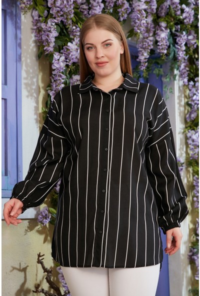 Rmg Kollar Lastikli Yırtmaç Detaylı Büyük Beden Siyah Gömlek