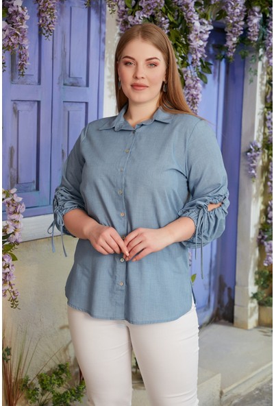 Rmg Kol Büzgülü Bağcık Detaylı Büyük Beden Indigo Gömlek Rmg Kol Büzgülü Bağcık Detaylı Büyük Beden Indigo Gömlek