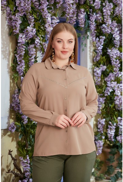 Rmg Taş Detaylı Büyük Beden Vizon Gömlek