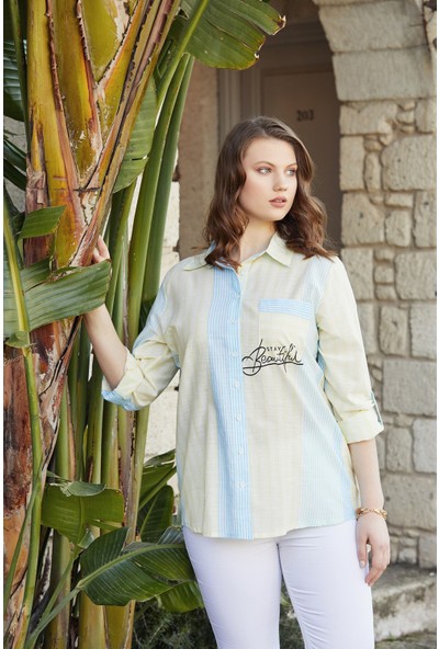 Rmg Beautiful Baskılı Büyük Beden Sarı Gömlek Rmg Beautiful Baskılı Büyük Beden Sarı Gömlek