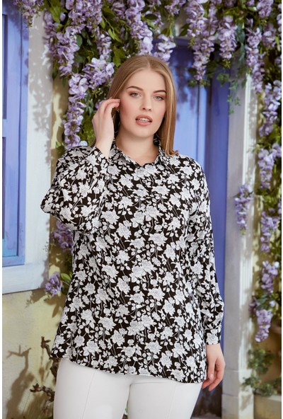 Rmg Kol Detaylı Desenli Büyük Beden Siyah Gömlek