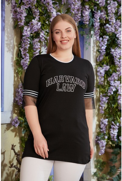 Rmg Kol Tül ve Şerit Detaylı Büyük Beden Siyah Tişört