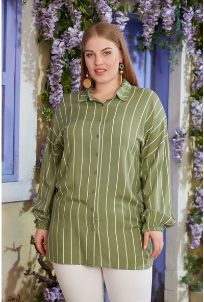 Rmg Kollar Lastikli Yırtmaç Detaylı Büyük Beden Çağla Yeşili Gömlek
