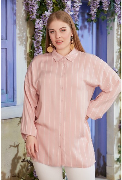 Rmg Kollar Lastikli Yırtmaç Detaylı Büyük Beden Pembe Gömlek