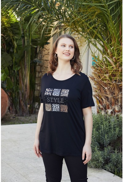 Rmg Sırt Detaylı Taşlı Büyük Beden Siyah Tişört