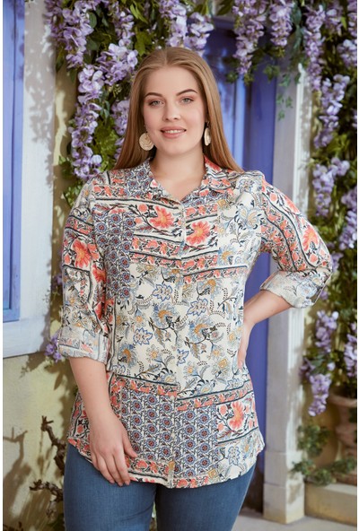 Rmg Çiçek Desenli Büyük Beden Mavi Gömlek