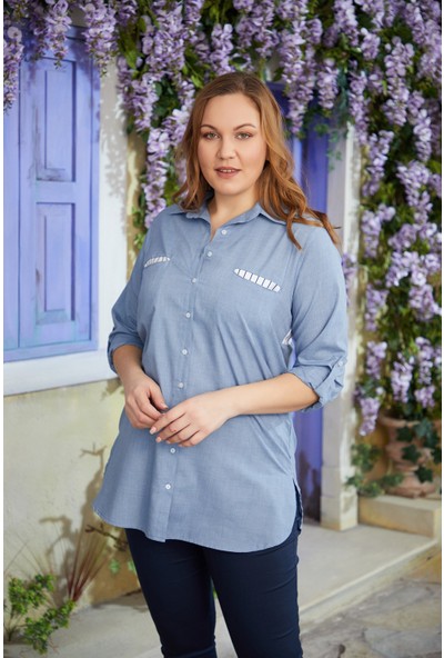 Rmg Cep ve Sırt Detaylı Büyük Beden Indigo Gömlek