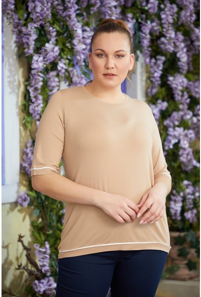 Rmg Kol ve Eteği Biye Detaylı Büyük Beden Vizon Tişört