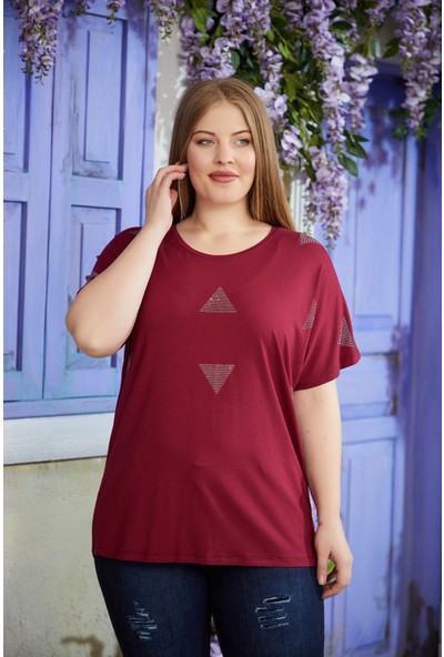 Rmg Üçgen Taş Baskılı Büyük Beden Bordo Tişört