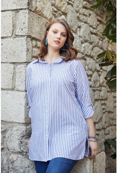 Rmg Yanları Yırtmaçlı Çizgili Büyük Beden Indigo Gömlek