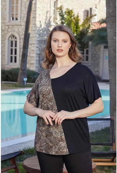 Rmg Leopar Garnili Büyük Beden Siyah Tişört Rmg Leopar Garnili Büyük Beden Siyah Tişört