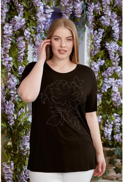 Rmg Taş Baskılı Büyük Beden Siyah Tişört