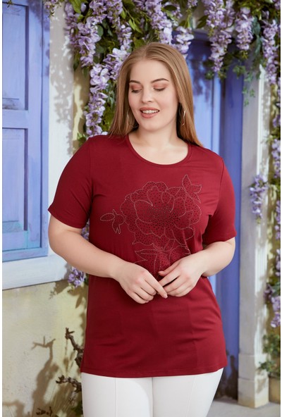 Rmg Taş Baskılı Büyük Beden Bordo Tişört