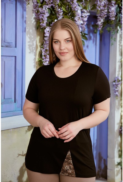 Rmg Eteği Leopar Garnili Büyük Beden Siyah Tişört Rmg Eteği Leopar Garnili Büyük Beden Siyah Tişört