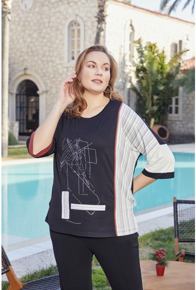 Rmg Taş Baskılı Garnili Büyük Beden Siyah Tişört