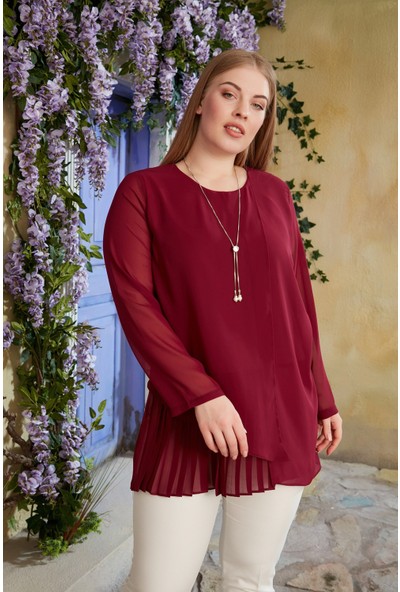 Rmg Eteği Pileli Aksesuarlı Büyük Beden Violet Şifon Bluz Rmg Eteği Pileli Aksesuarlı Büyük Beden Violet Şifon Bluz